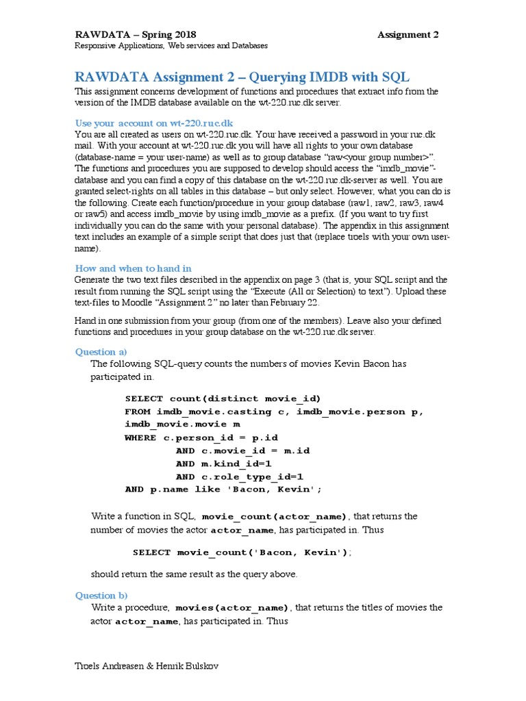 RAWDATA Assignment 2 - Querying IMDB With SQL: Use Your Account On Wt-220.ruc - DK | PDF ...
