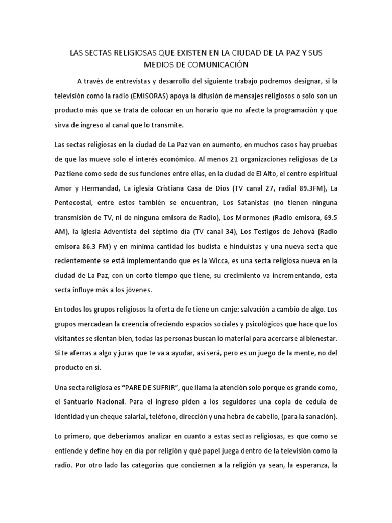 Sectas religiosas en La Paz: análisis y medios | PDF | Secta | Rituales