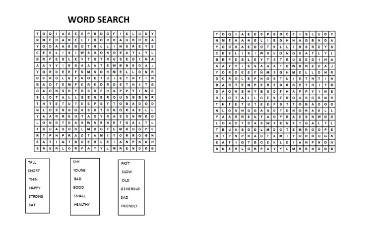 Word Search: Tall Short Thin Happy Strong FAT SHY Young BAD Good Small ...