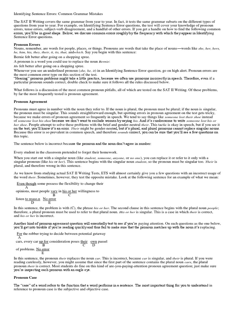 Identifying Sentence Errors | PDF | Grammatical Number | Pronoun