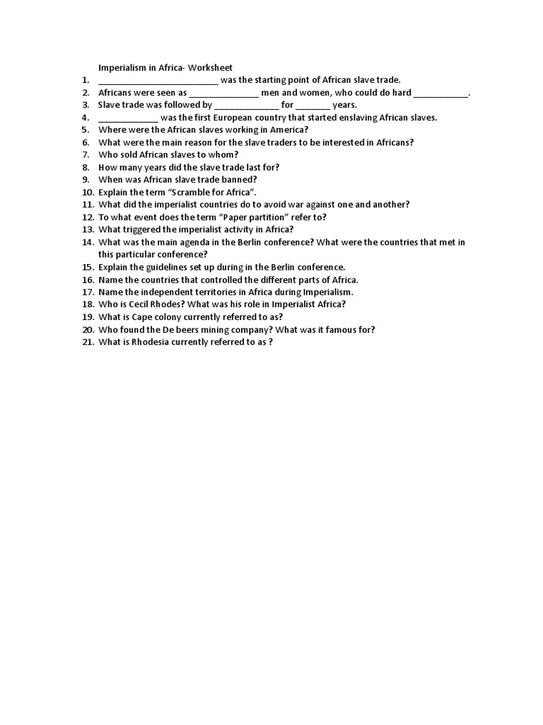 Imperialism in Africa Worksheet | PDF | Travel