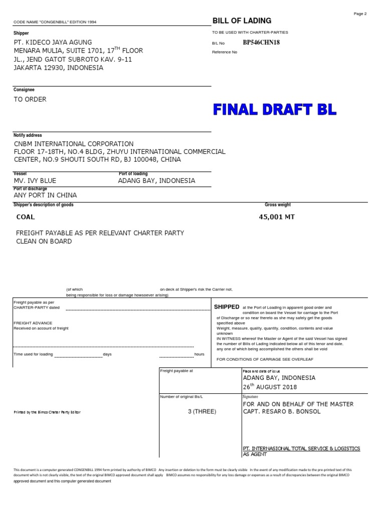 Final Draft Bl Mv. Ivy Blue ( Cnbm International ) 18.08.2018 | Cargo ...