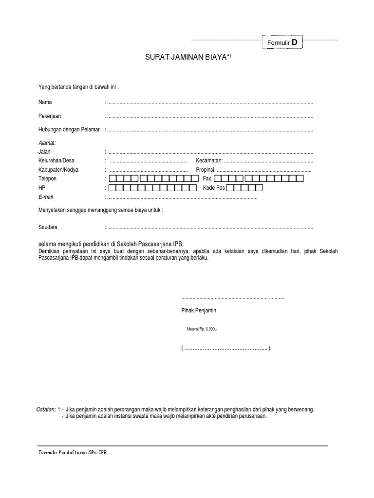 Formulir D Pasca IPB - Surat Jaminan Biaya PDF | PDF