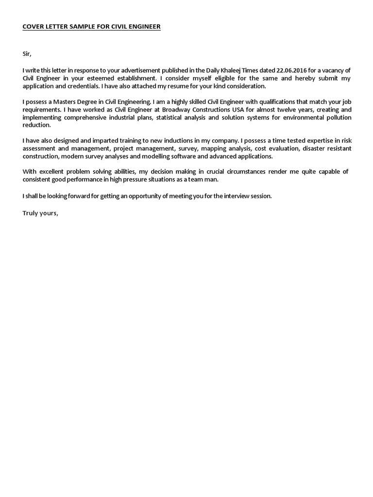 Sample Cover Letter For Civil Engineer | PDF