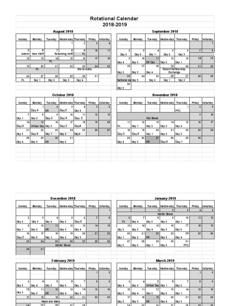 Rotational Calendar 18-19 (ES) | PDF | Workweek And Weekend | Holidays