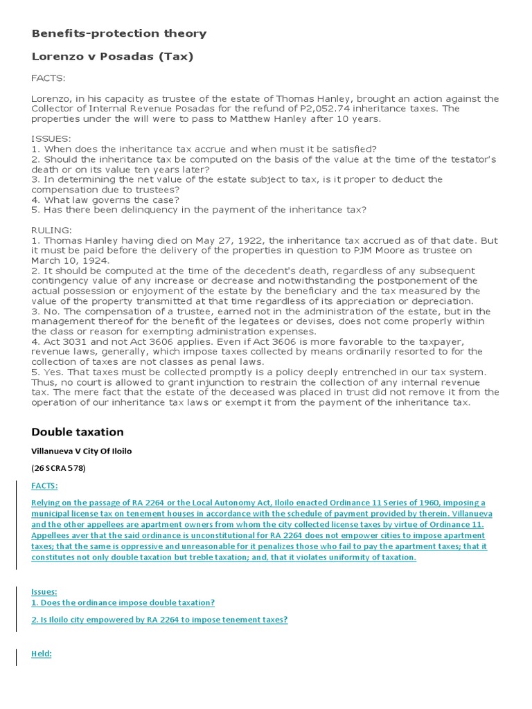 Benefits-Protection Theory Lorenzo V Posadas (Tax) : Double Taxation ...