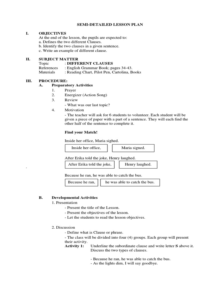 Semi-Detailed Lesson Plan | PDF | Clause | Lesson Plan