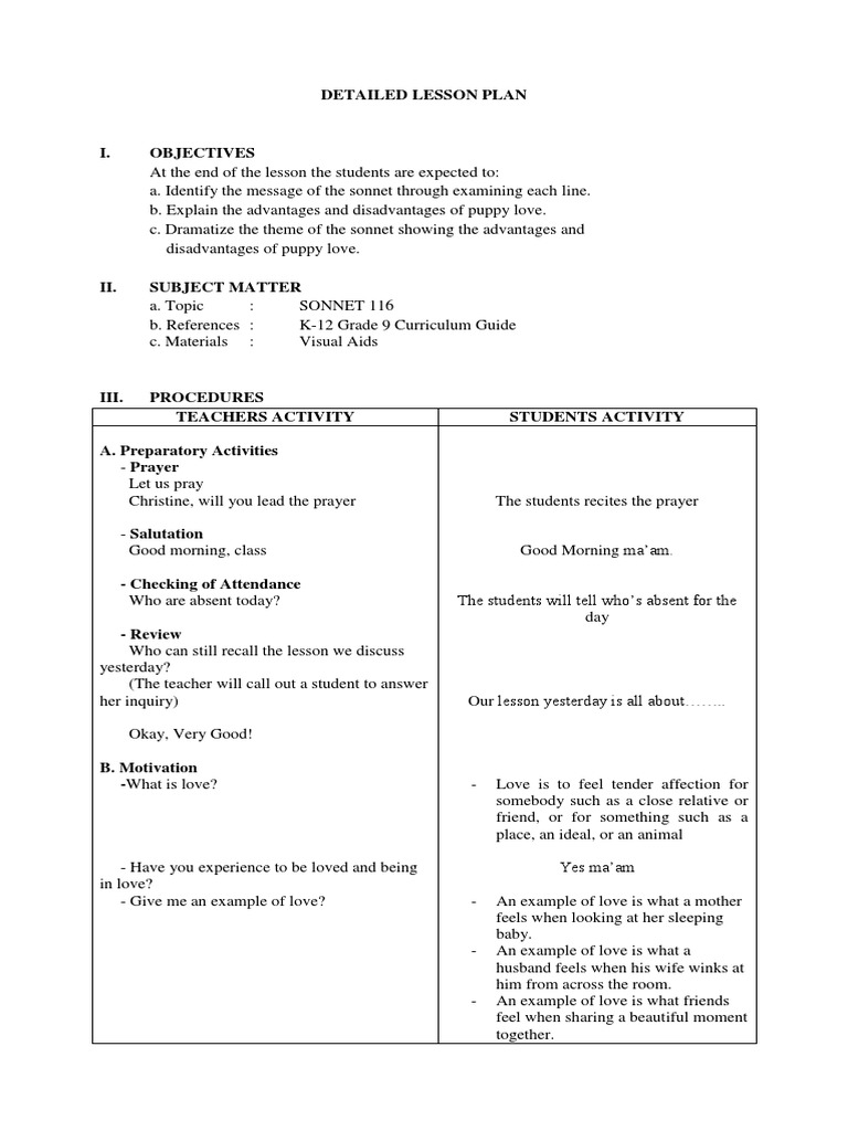 Detailed Lesson Plan | PDF | Sonnets | Stanzaic Form