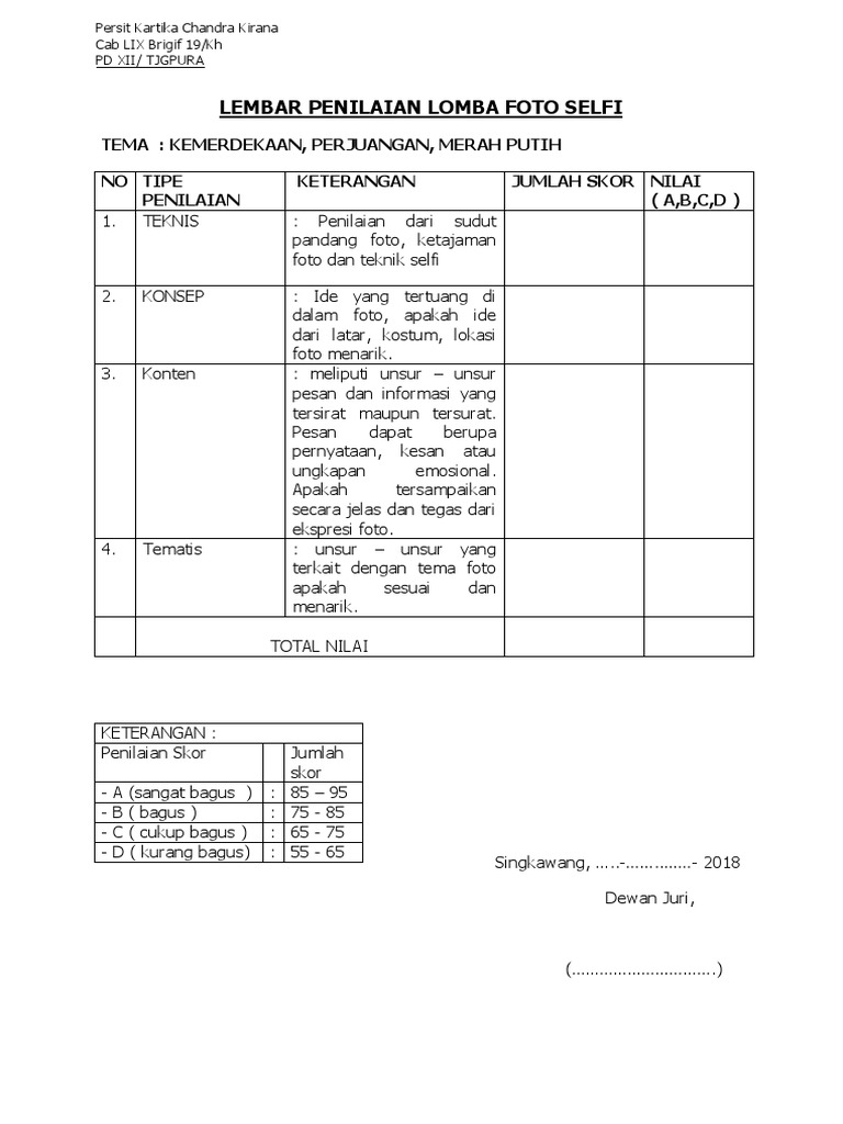 Lembar Penilaian Lomba Foto Selfi | PDF