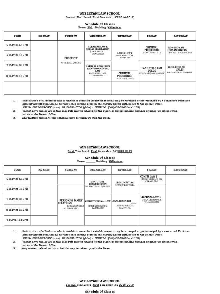 Wesleyan Law School: Second Year Level, First Semester, AY 2016-2017 ...