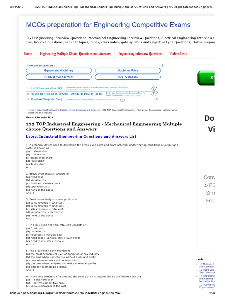 223 TOP Industrial Engineering - Mechanical Engineering Multiple Choice ...