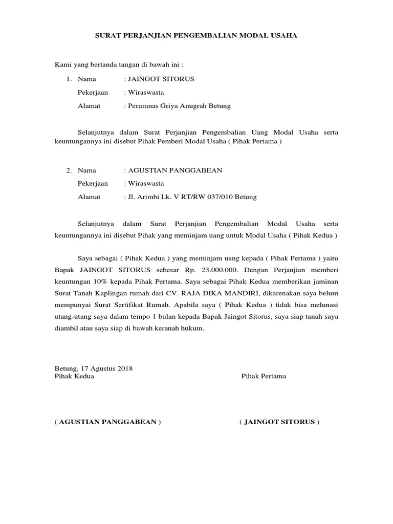 Surat Perjanjian Pengembalian Modal Usaha | PDF Surat Perjanjian Pengembalian Modal Usaha | PDF