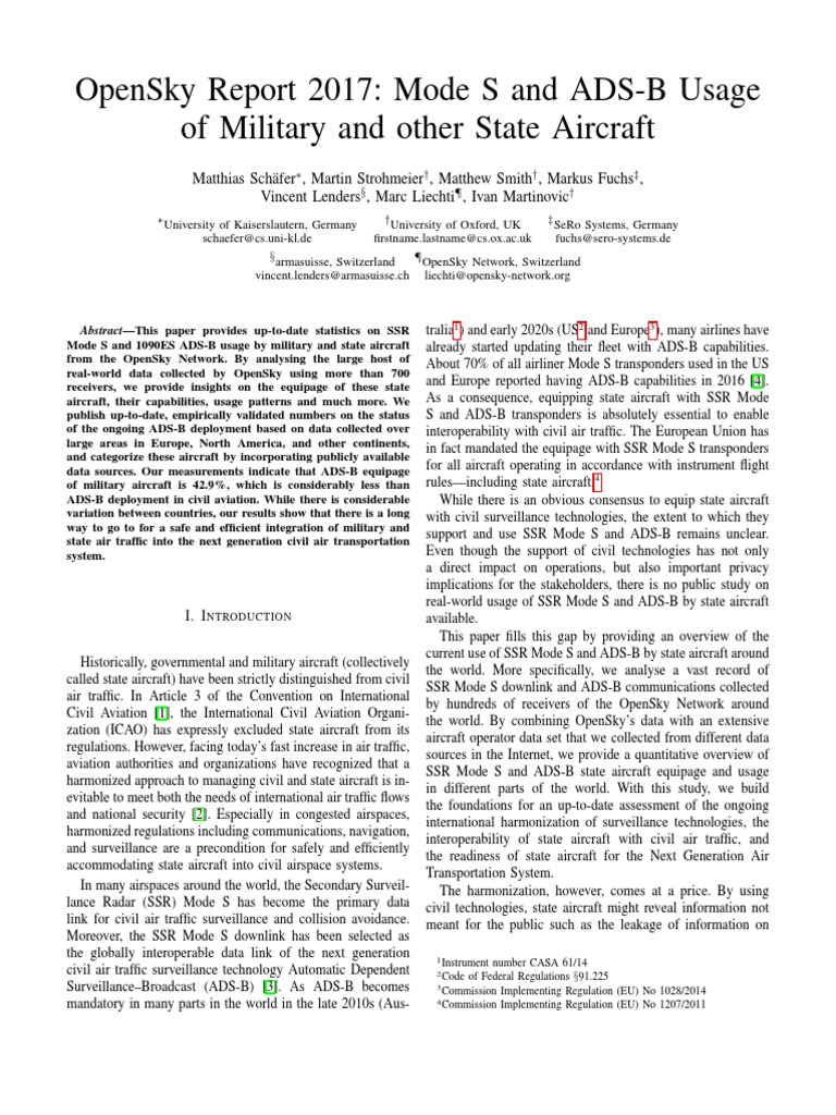 Opensky Report 2017: Mode S and Ads-B Usage of Military and Other State Aircraft | PDF ...