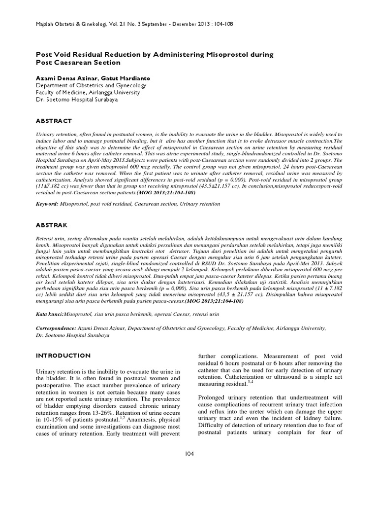Post Void Residual Reduction by Administering Misoprostol During Post ...