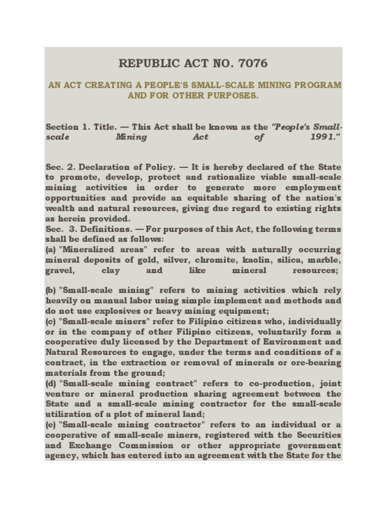 Republic Act No. 7076: An Act Creating A People'S Small-Scale Mining Program and For Other ...