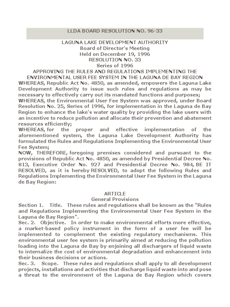 Llda Board Resolution No. 96-33 | PDF | Clean Water Act | Fine (Penalty)