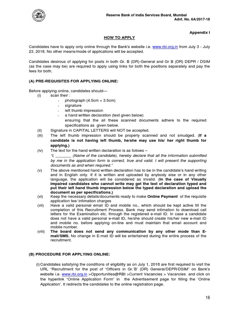 Reserve Bank of India Services Board, Mumbai Advt. No. 6A/2017-18 | PDF ...