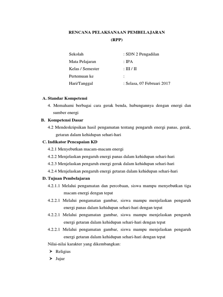 RPP Ipa Kelas 3 Macam-Macam Energi Dan Contoh Dalam Kehidupan Sehari-Hari | PDF