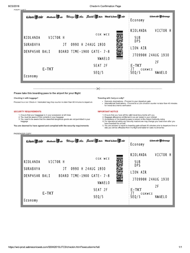 Contoh Boarding Pass Ticket Lion Air