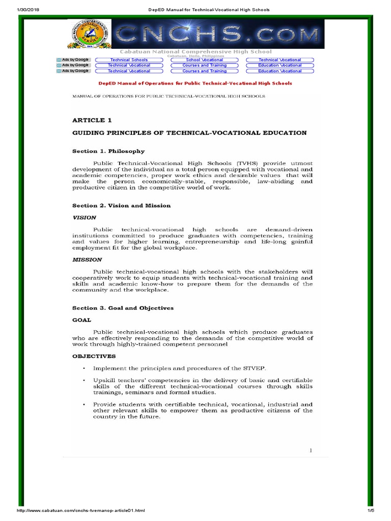 DepED Manual For Technical-Vocational High Schools 1 | PDF | Vocational ...
