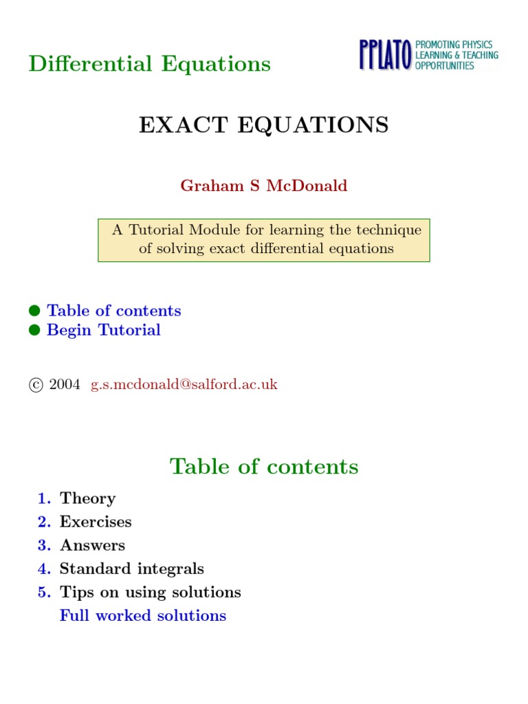 Solving Exact Differential Equations | PDF | Ordinary Differential ...