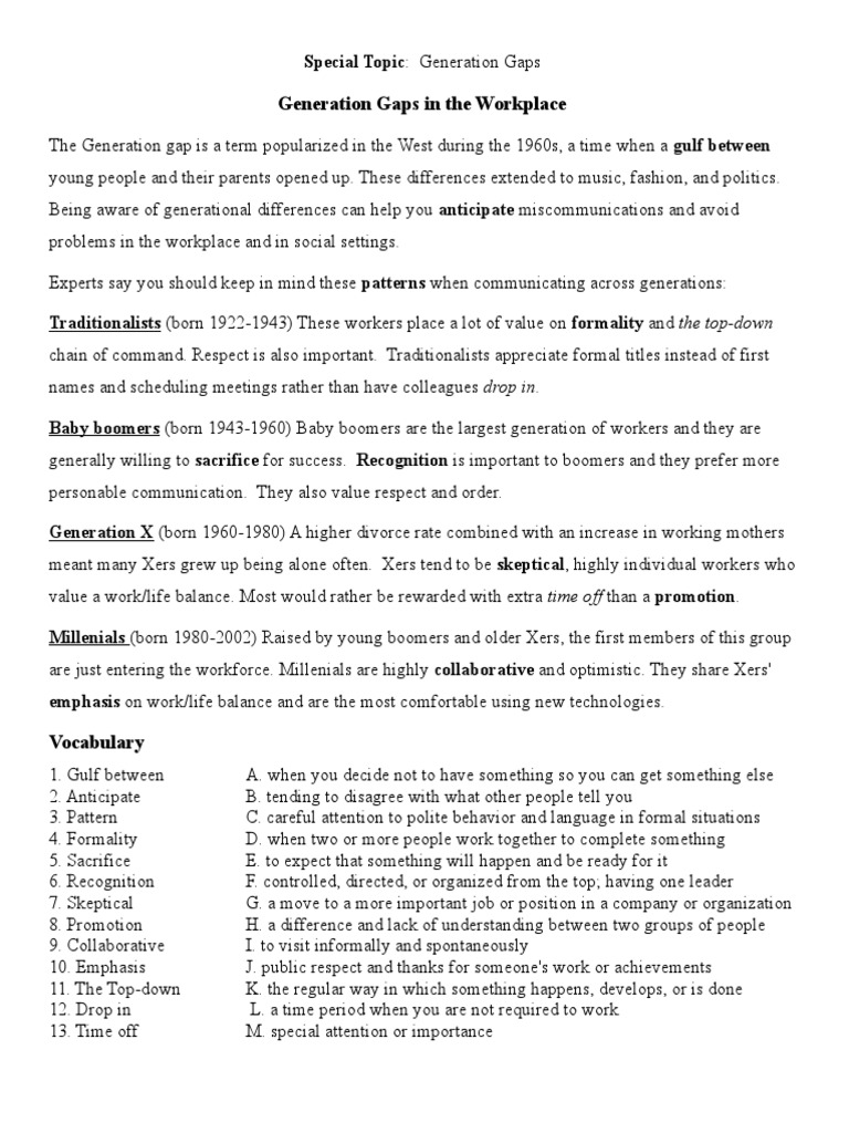 Conversation Lesson On Generation Gaps | PDF | Millennials | Psychology
