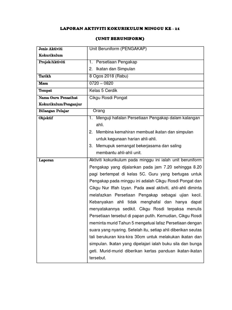Laporan Aktiviti Kokurikulum Minggu Ke | PDF