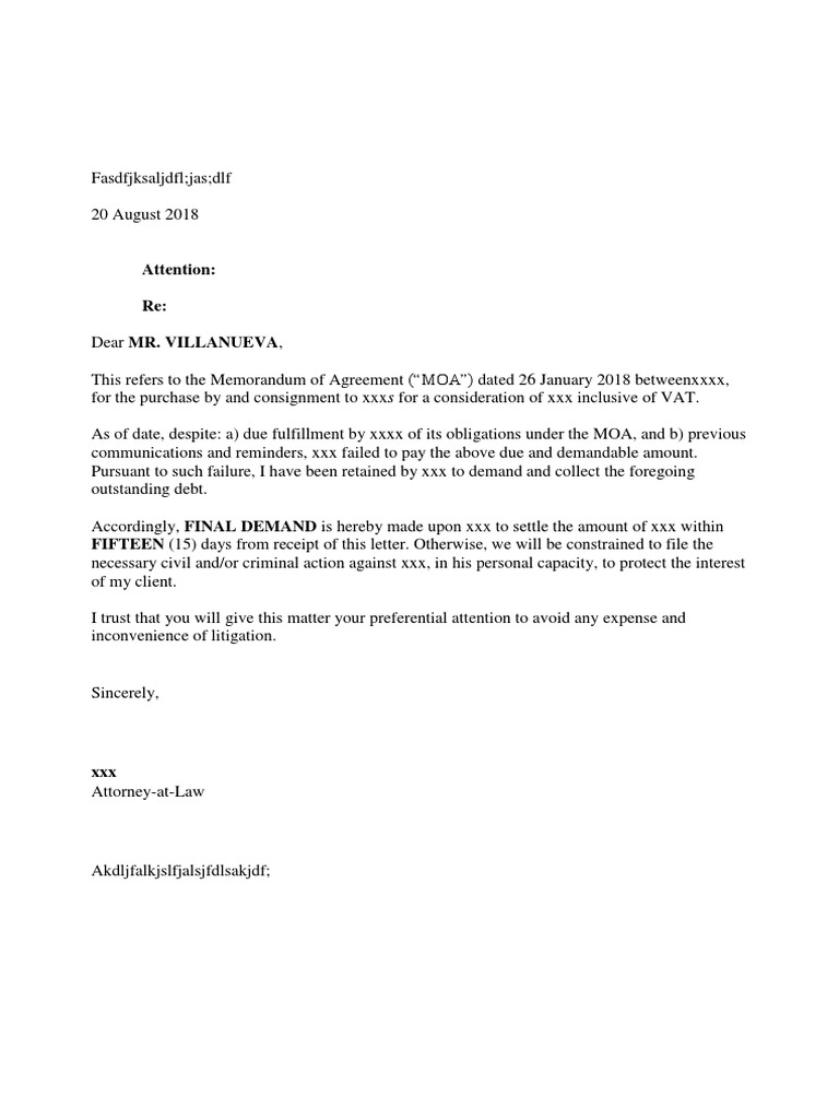 Final Demand Letter Regarding Outstanding Payment Due Under Memorandum ...