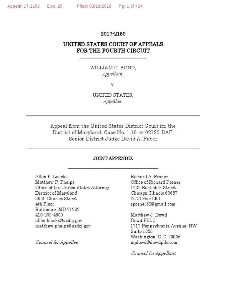 Bond v. United States - Joint Appendix in U.S. Fourth Circuit No. 17 ...