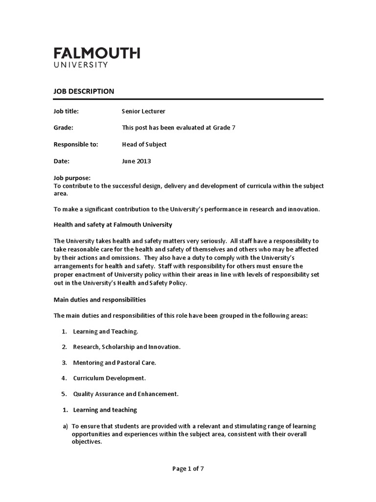 Senior Lecturer Job Description | PDF | Curriculum | Educational Assessment