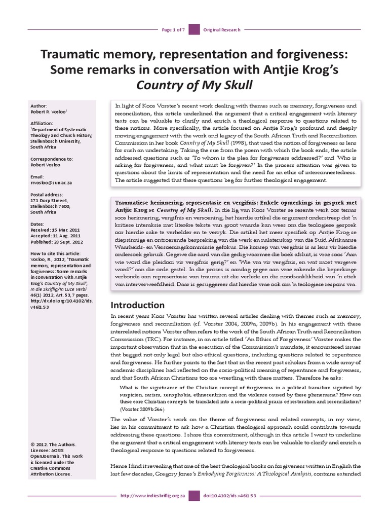 Traumatic Memory, Representation and Forgiveness: Some Remarks in ...