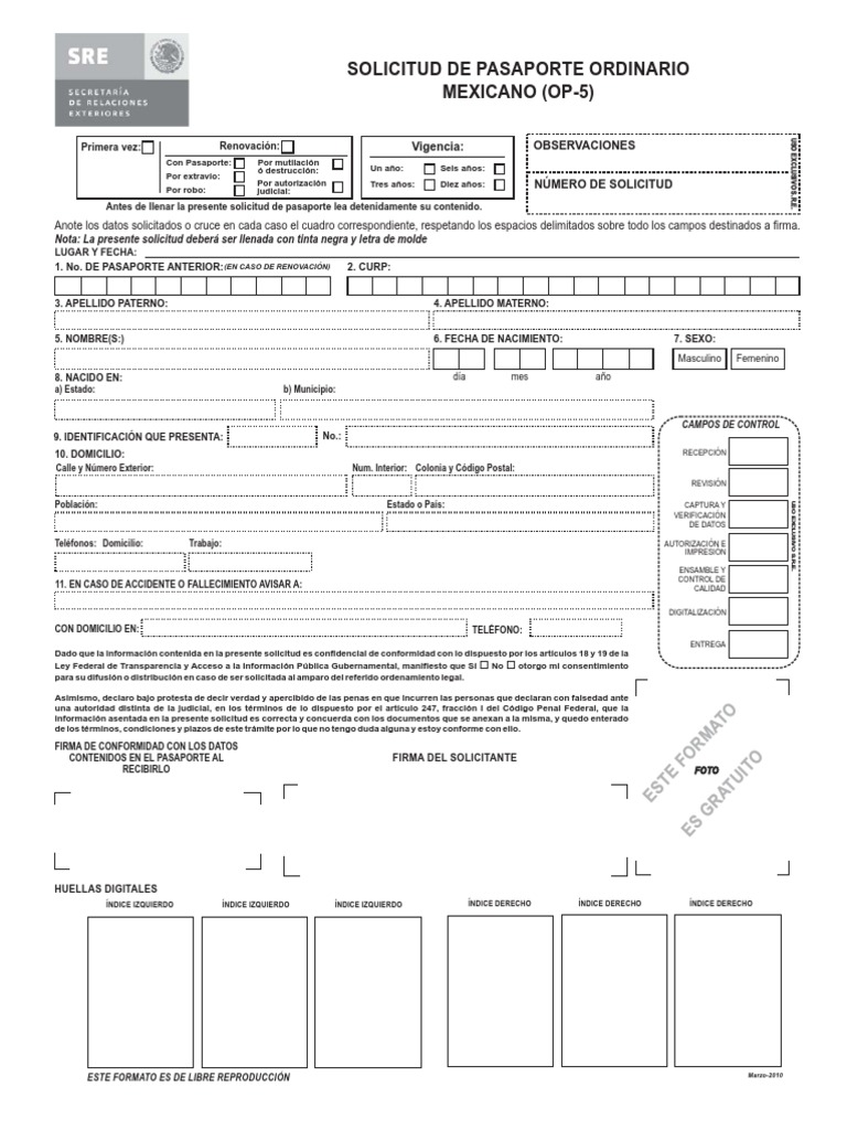 Solicitud de Pasaporte Ordinario Mexicano (Op-5) | PDF | Pasaporte | Violencia