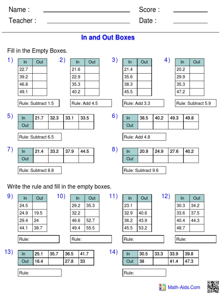 In and Out Boxes Math Worksheet | PDF | Teaching Mathematics