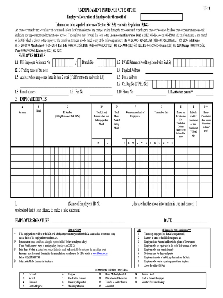 UI-19 Employer Employee Declaration Form | PDF | Payroll | Employment
