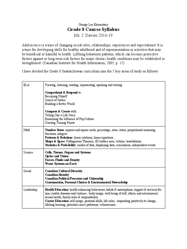 Grade 8 Course Syllabus Glee 2018-19 | PDF | Adolescence | Behavior ...