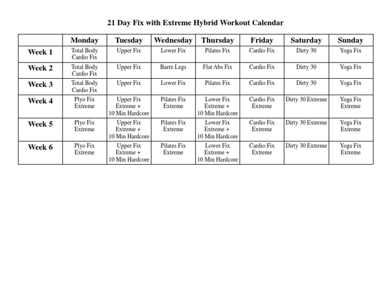 21 Day Fix With Extreme Workout Calendar | PDF | Sports