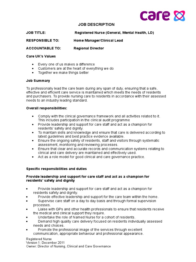 Job Description: Registered Nurse Version 1: December 2011 Owner ...
