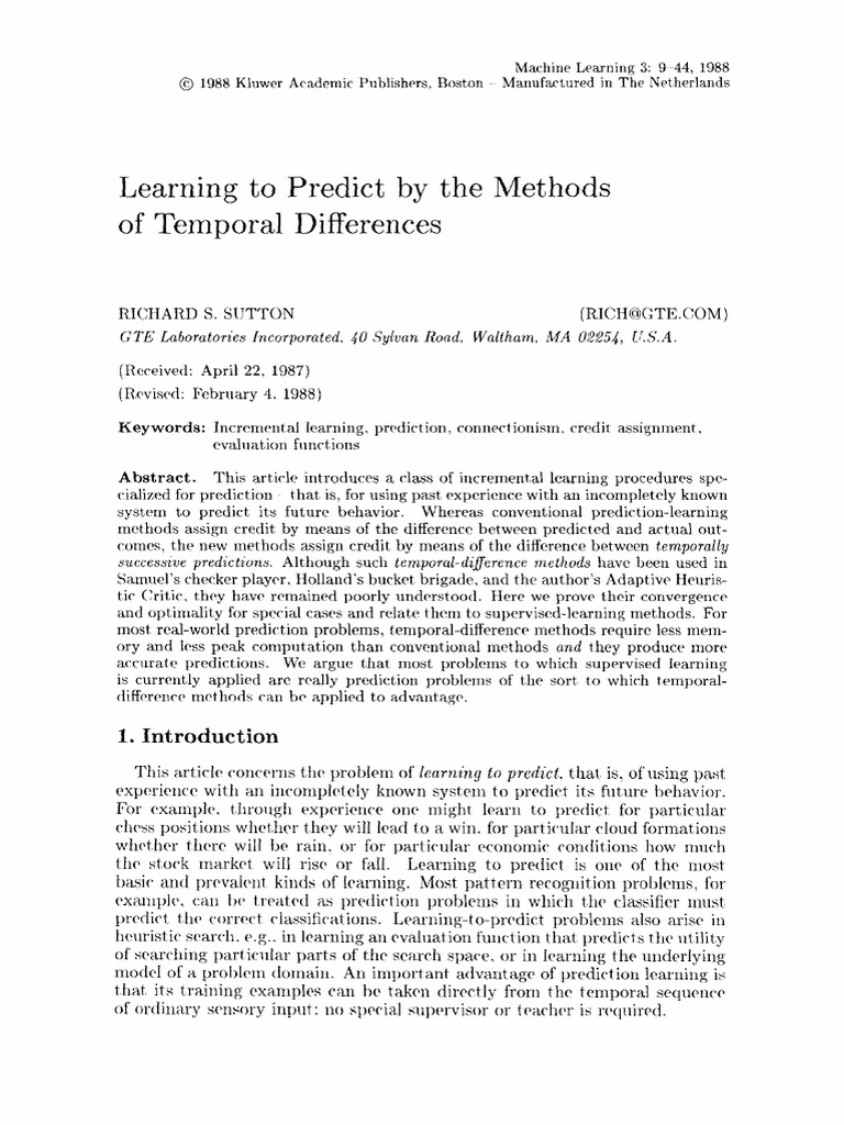 Temporal Difference Learning Method Pdf Prediction Expected Value