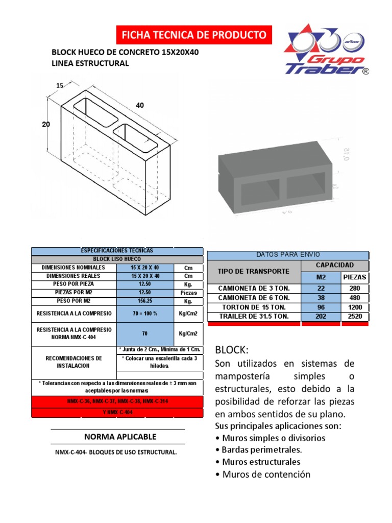 Block hueco 15x20x40 especificaciones | PDF
