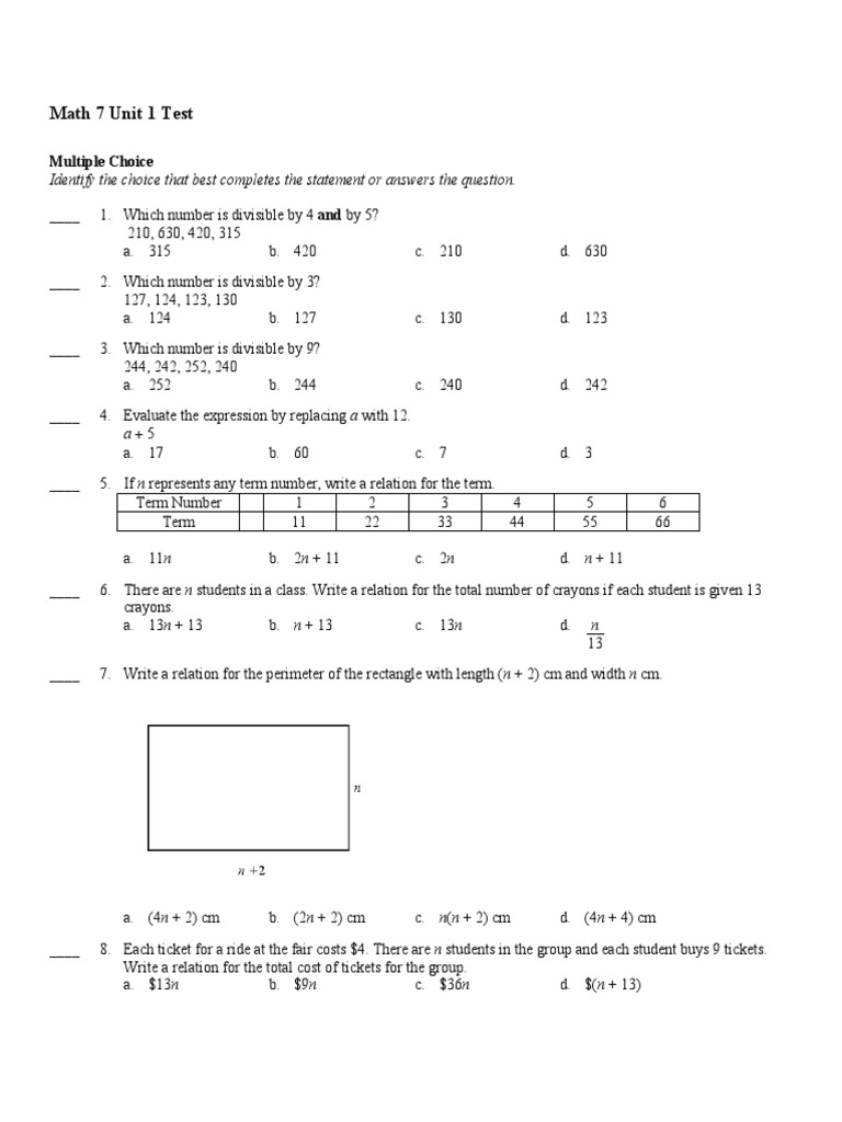 Math 7 Unit 1 Test: Multiple Choice | PDF | Equations | Multiple Choice