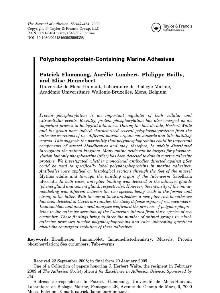 Polyphosphoprotein-Containing Marine Adhesives: Patrick Flammang, Aure ...
