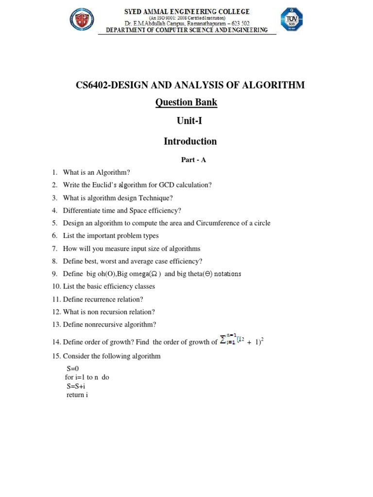 Cs6402 Design And Analysis Of Algorithm Question Bank Unit I Pdf Dynamic Programming
