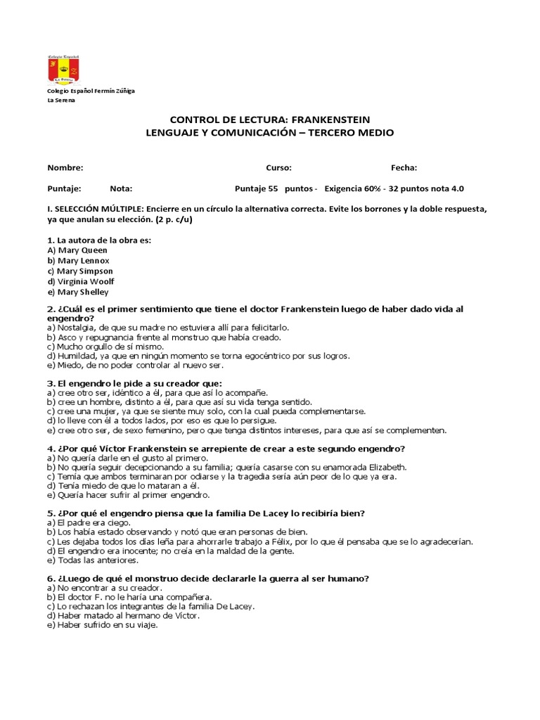 Control de Lectura Frankenstein - Tercero Medio | PDF | Frankenstein