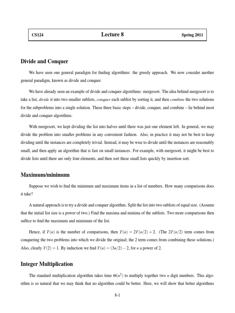 CS124 Spring 2011: (N) Is The Number of Comparisons, Then T (N) 2T (n/2 ...