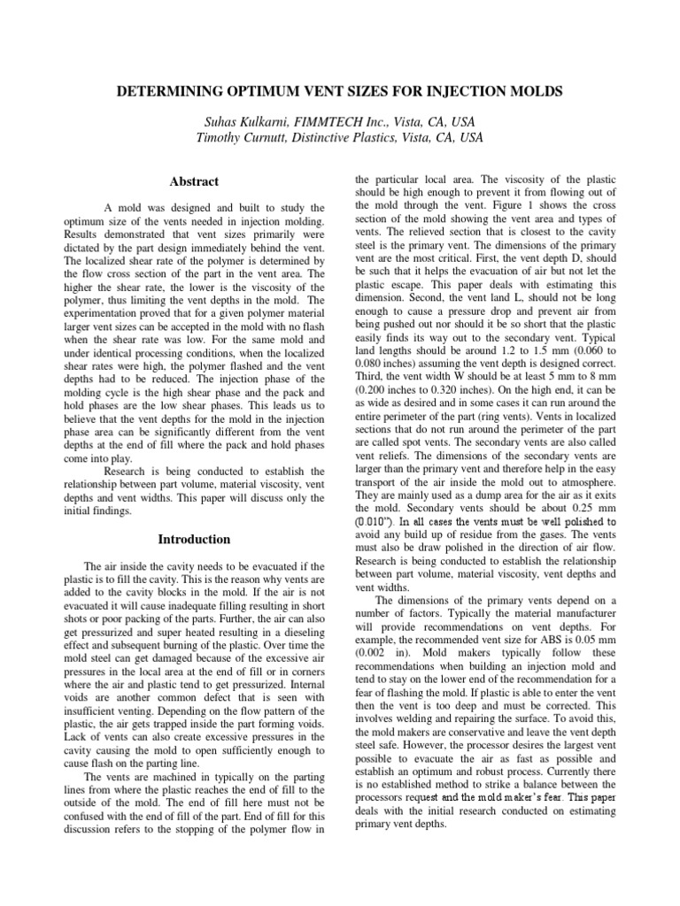 Determining Optimum Vent Sizes in Injection Molds - FIMMTECH INC PDF ...