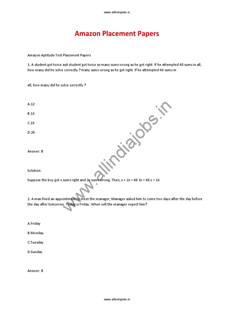 Amazon Placement Papers PDF Download PDF | PDF | Physical Fitness ...