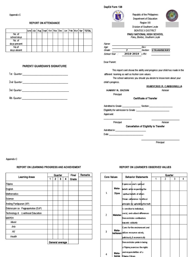 DepEd Form 138 Report on Attendance | PDF | Psychological Concepts ...
