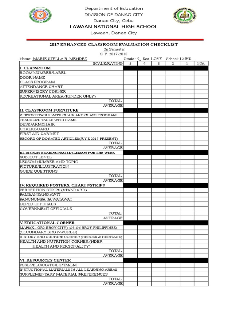 Sample Classroom Evaluation Checklist | PDF | Classroom | Behavior ...