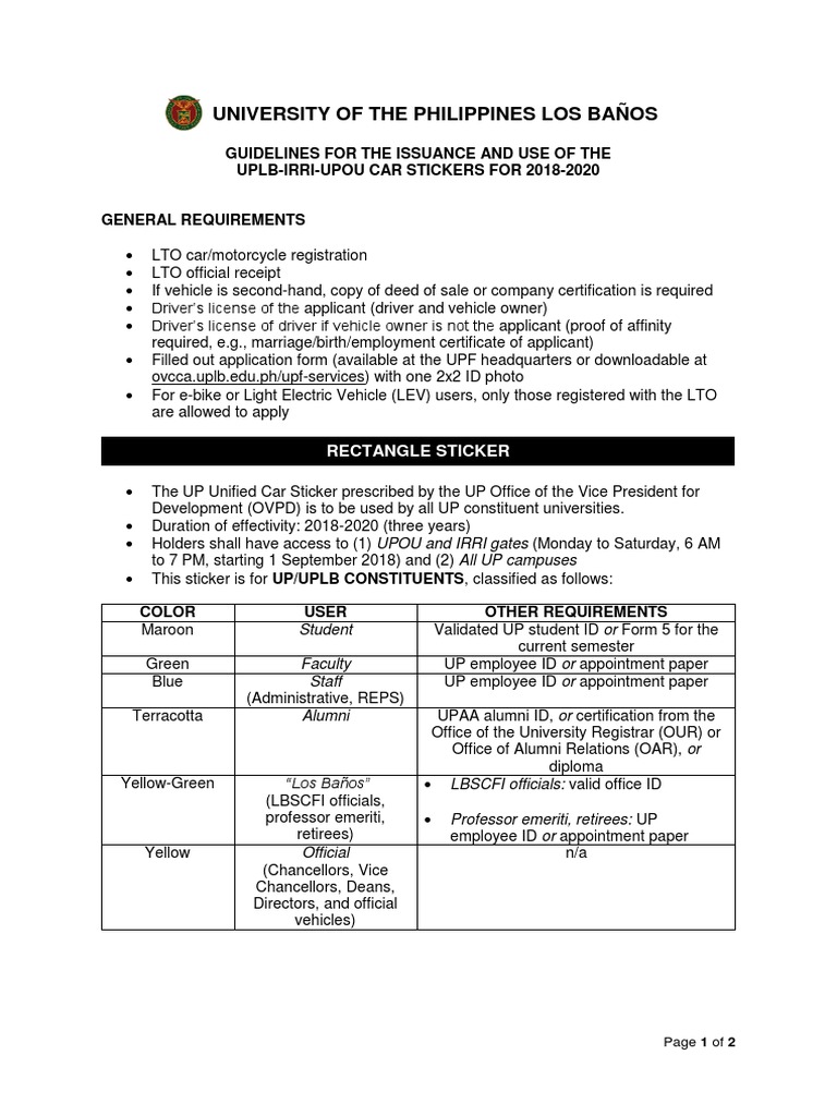Guidelines 2018 Uplb Car Sticker | PDF | Land Transport | Transport