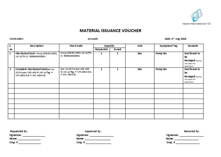 Material Issuance Voucher: Pump CCR65A-250R1 M2 L3 (TPL IC ...